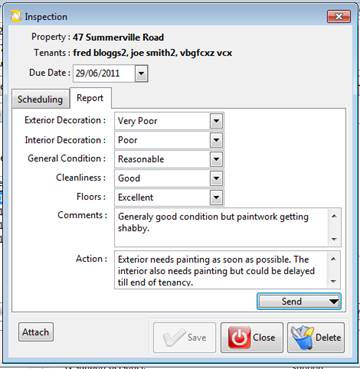 The ‘send’ button will print or email the new inspectionreport to the landlord as a pdf file.